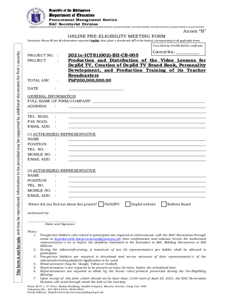 Fillable Online Annex B ONLINE PRE-ELIGIBILITY MEETING FORM Fax Email Print - pdfFiller