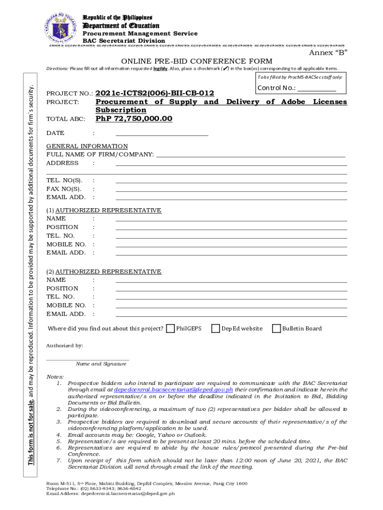 Fillable Online Annex B ONLINE PRE-BID CONFERENCE FORM Fax Email Print - pdfFiller