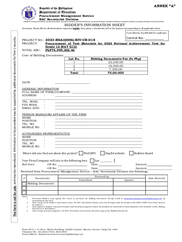 Fillable Online Annex A Bidder's Information Sheet Fax Email Print ...