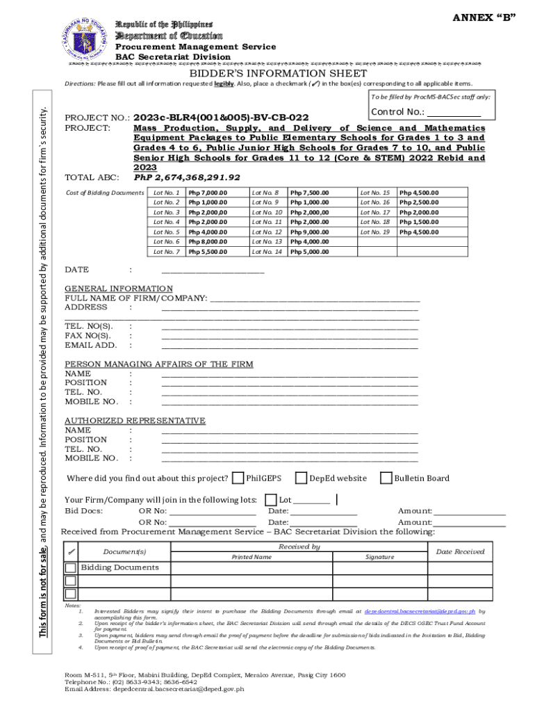 Fillable Online ANNEX B BIDDER'S INFORMATION SHEET Fax Email Print - pdfFiller