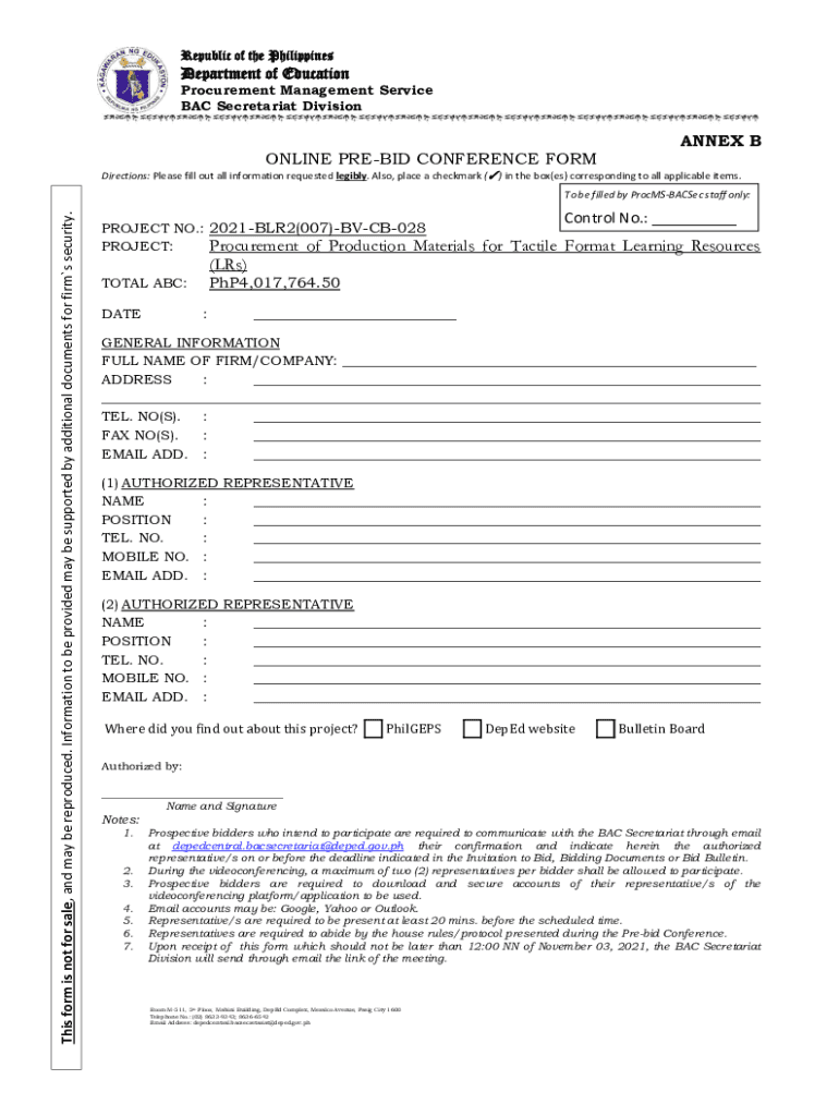 Fillable Online Annex B Online Pre-Bid Conference Form Fax Email Print - pdfFiller