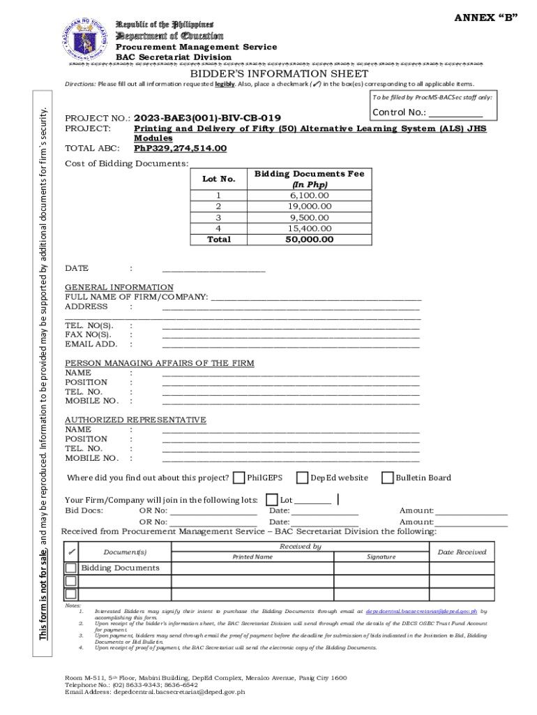 Fillable Online Annex B Bidder's Information Sheet Fax Email Print - pdfFiller