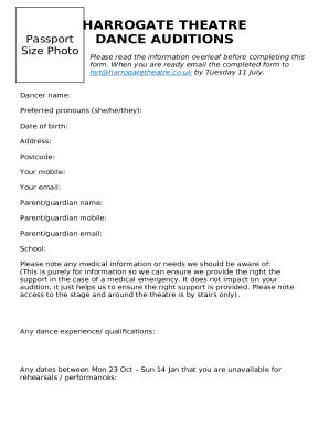 Pantomime Dance Auditions Application Doc Template | pdfFiller
