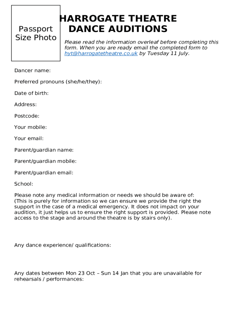 Pantomime Dance Auditions Application Doc Template | pdfFiller