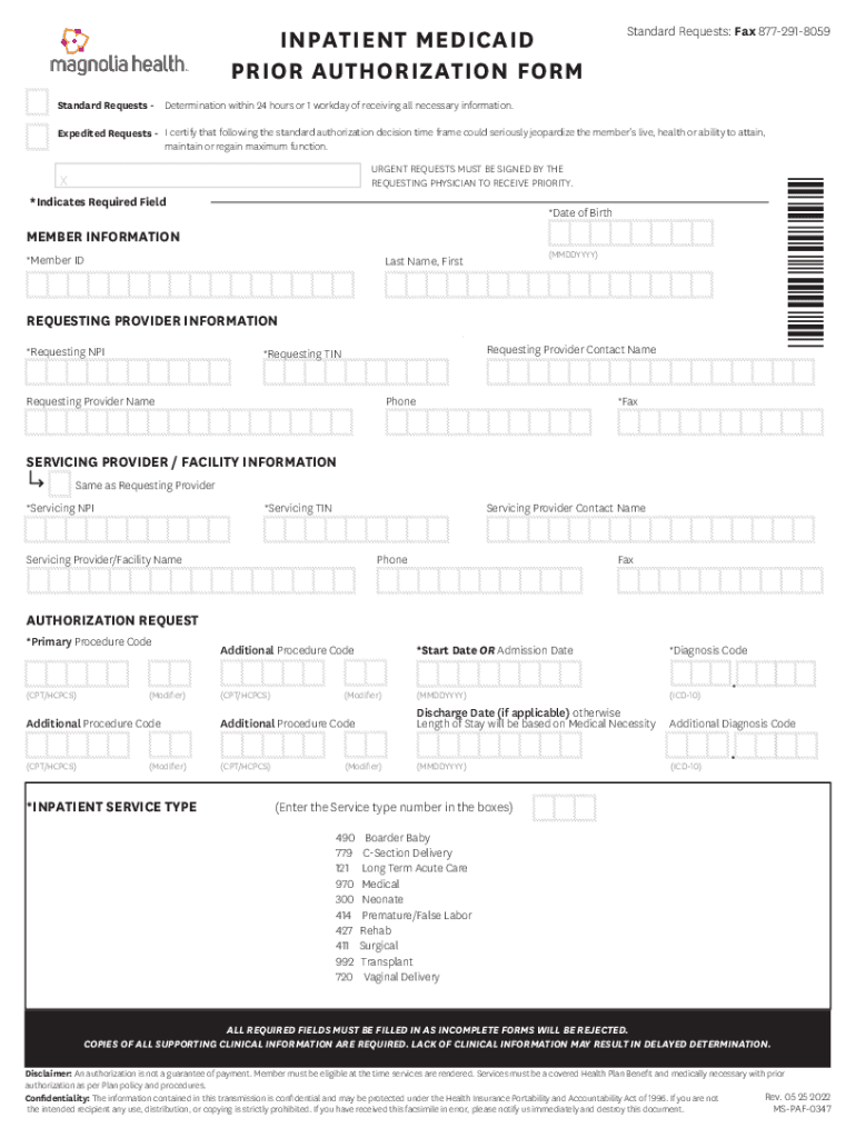 Fillable Online MS-PAF-0347 - Inpatient Medicaid Prior Authorization ...