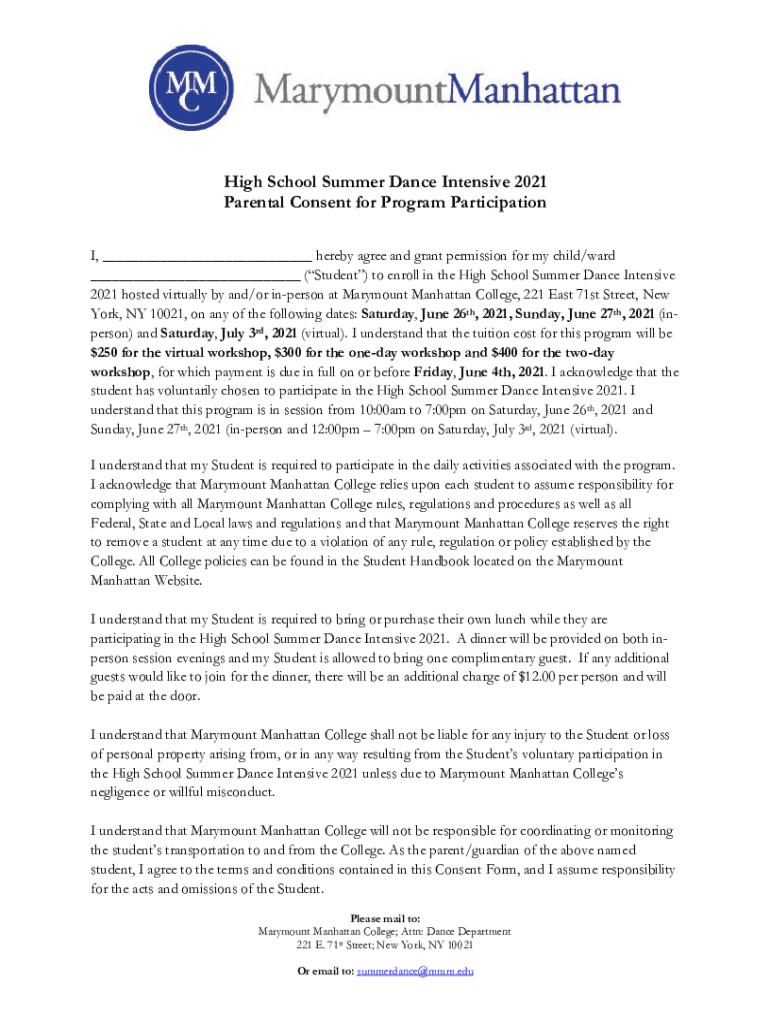 Fillable Online High School Summer Dance Intensive 2021 Parental ...