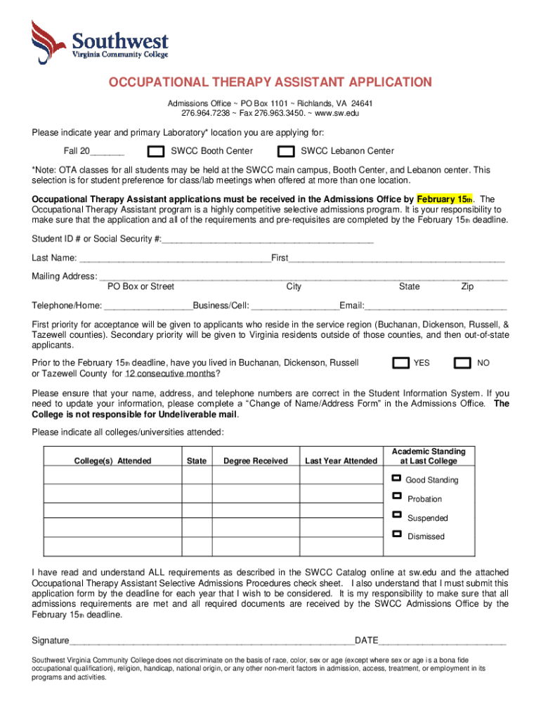 Fillable Online OCCUPATIONAL THERAPY ASSISTANT APPLICATION Fax Email ...