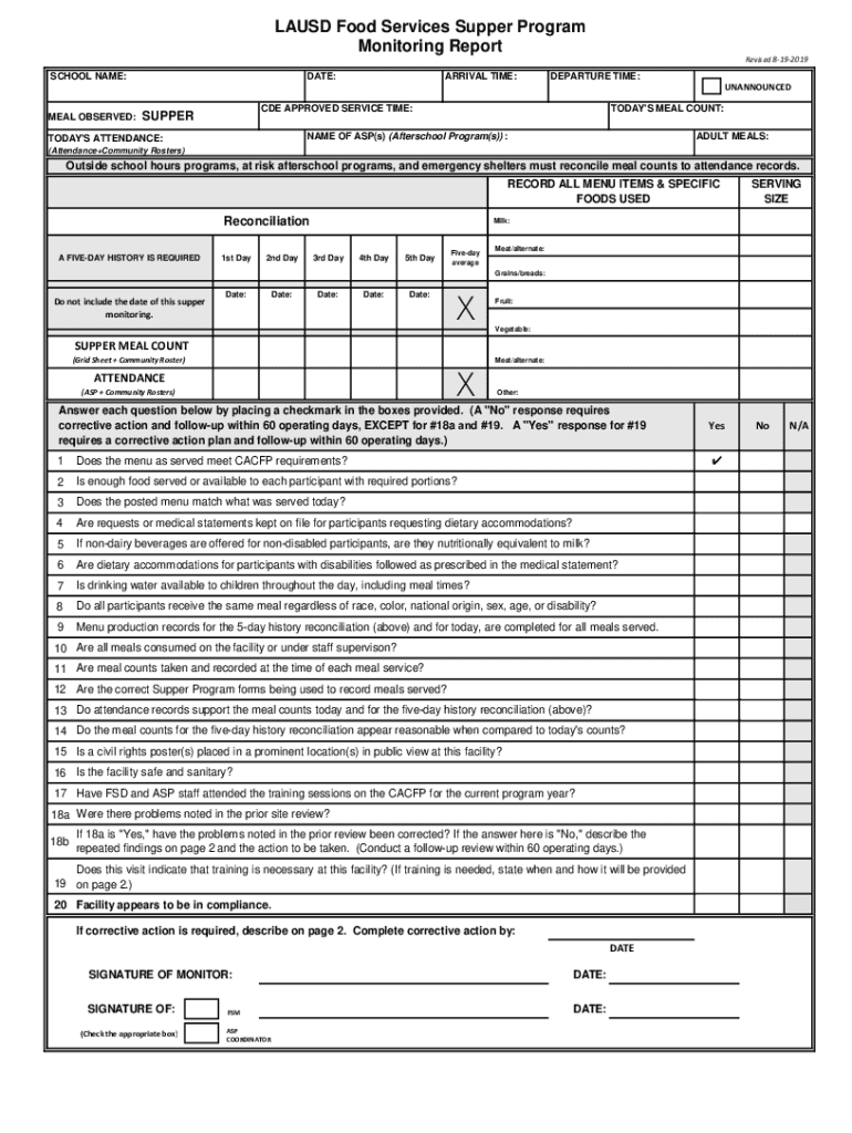 Fillable Online LAUSD Food Services Supper Program Monitoring Report ...