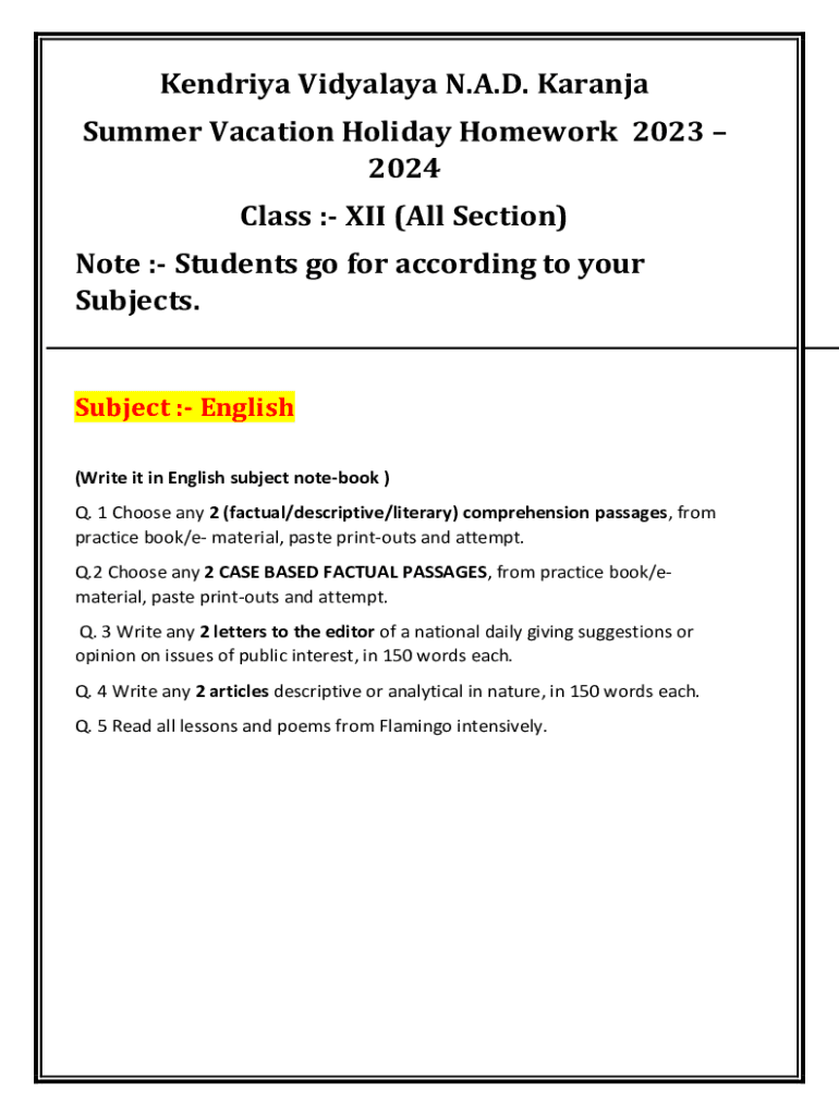 Fillable Online Summer Vacation Holiday Homework (Class XII SCI ) for the ... Fax Email Print ...