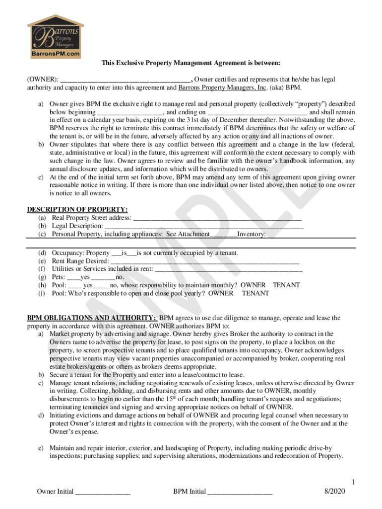 Fillable Online This Exclusive Property Management Agreement is between ...