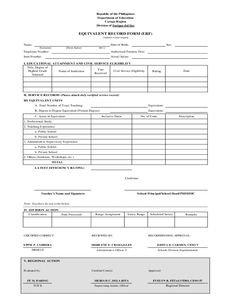 Fillable Online Equivalent Record Form (Erf) : Division of Butuan ...