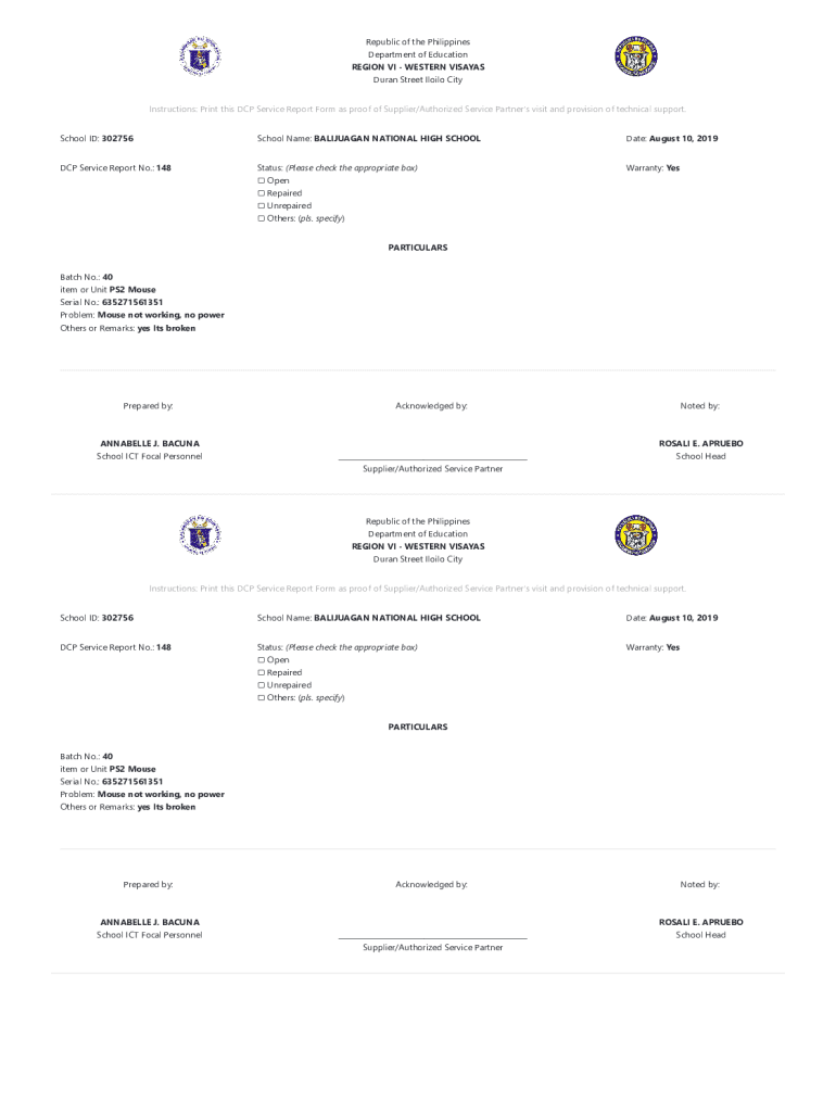 Fillable Online DCP Service Report Form as proof of Supplier/Authorized ... Fax Email Print ...