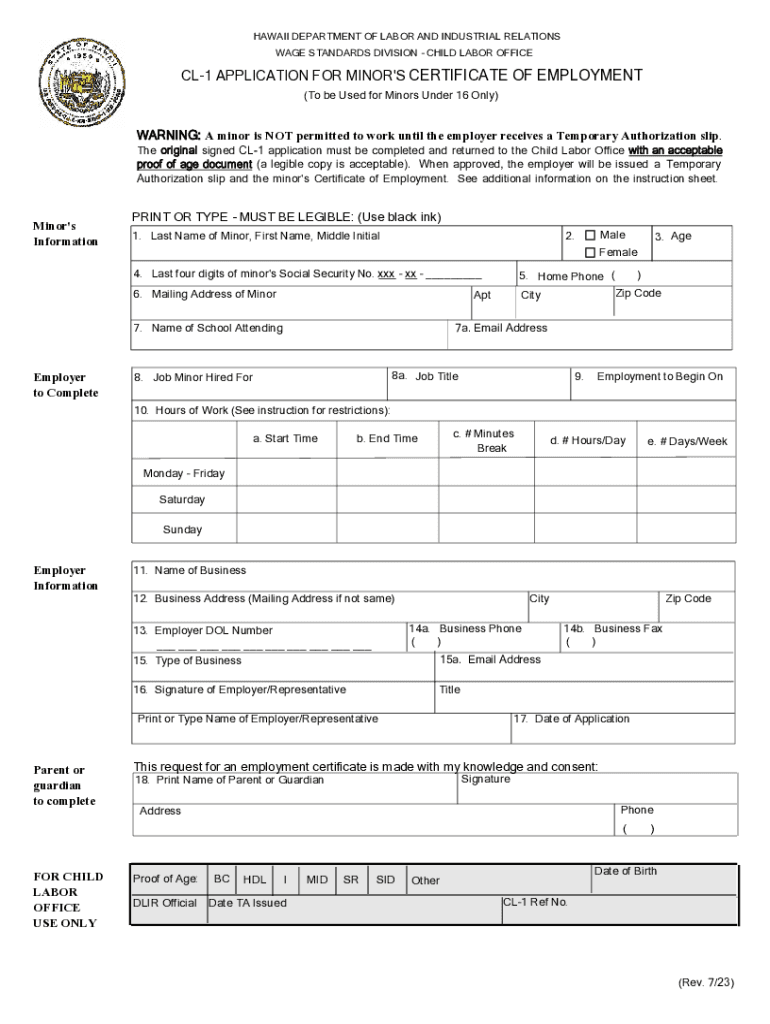 Fillable Online HI CL-1 Application For Minors Certificate Of ...