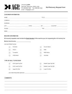 Fillable Online AGL Roll Recovery Request FormAGL Industrial Quote Form ...