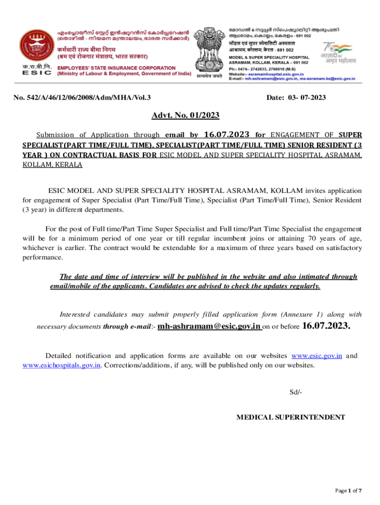 Fillable Online Advt. No. 01/2023 necessary documents through e-mail ...