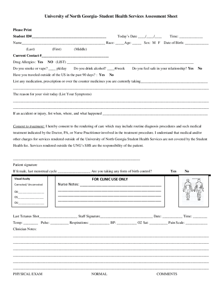 Fillable Online Student Health Services Assessment Sheet Fax Email ...