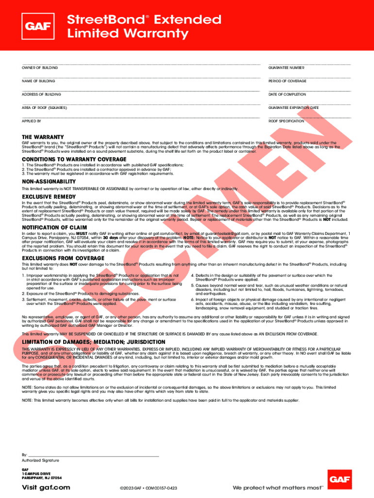 Fillable Online GAF Smart Choice Shingle International Limited Warranty ...