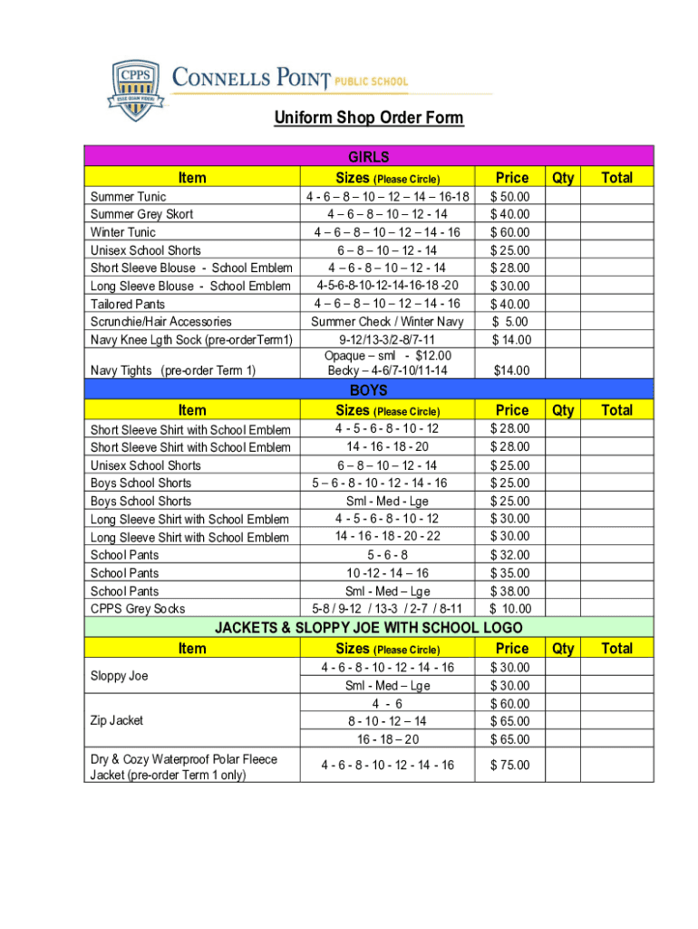 Fillable Online UNIFORM SHOP ORDER FORM APPIN PUBLIC SCHOOL Fax Email ...