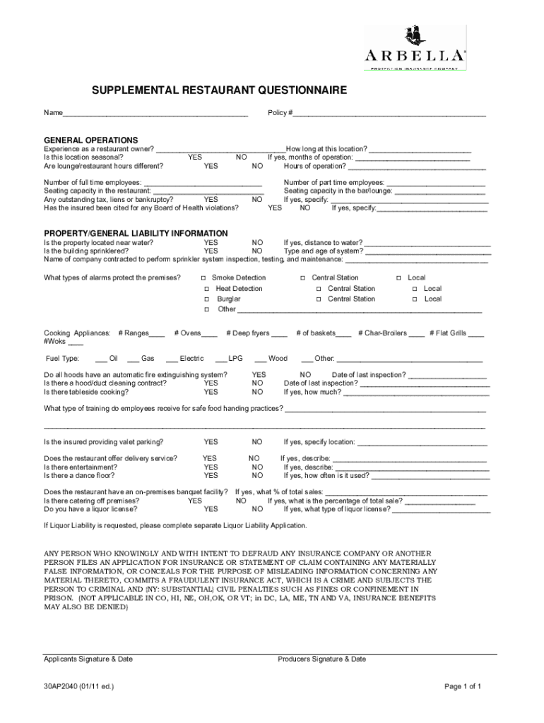 Fillable Online 31AP1086.01.11 Restaurant Supplemental Questionnaire ...