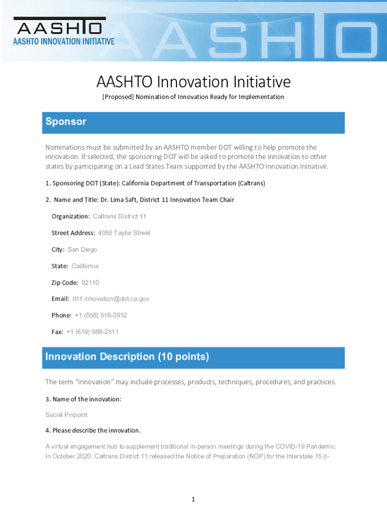 Fillable Online web transportation AASHTO Innovation Initiative - About ...