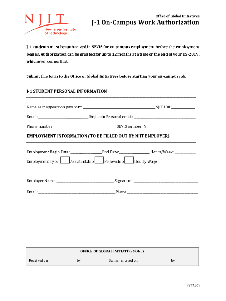 Fillable Online J-1 On-Campus Work Authorization Fax Email Print ...