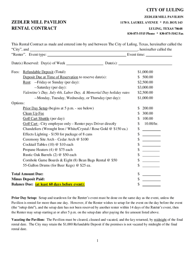 Fillable Online Zedler Mill PavilionLuling, TX - Official Website Fax ...