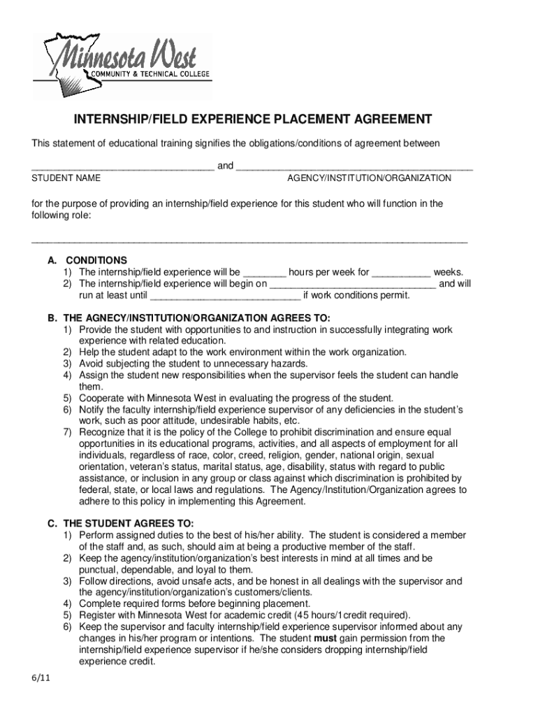 Fillable Online Internship Field Experience Placement Agreement Formx Fax Email Print - pdfFiller