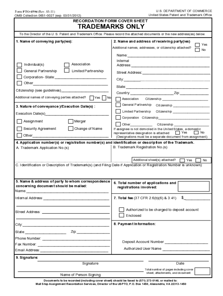 Form PTO 1594 PTO 1594 Trademark Recordation Form Cover Sheet: Fill out ...