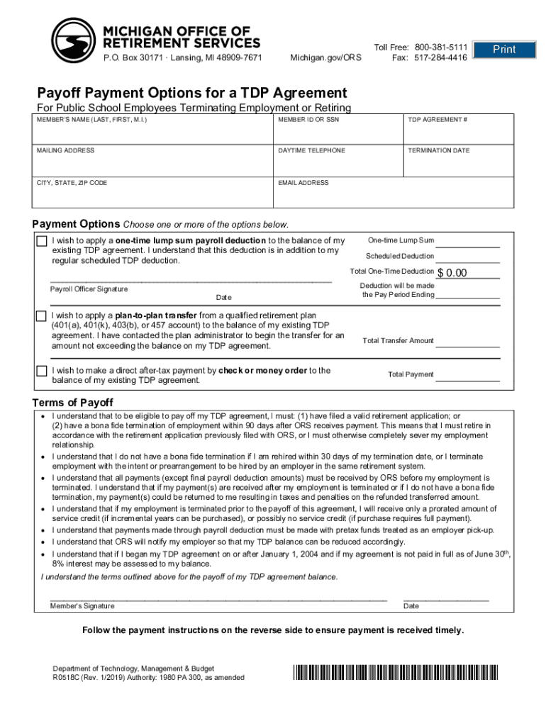 Fillable Online Payoff Payment Options for a TDP Agreement Fax Email ...