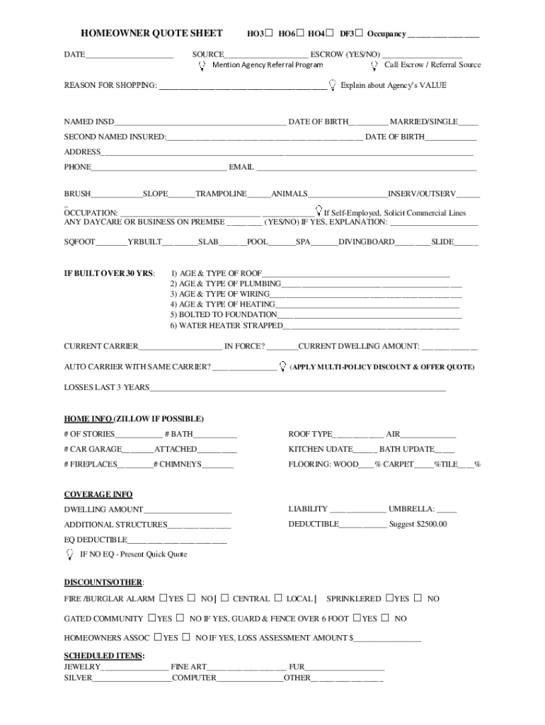 Fillable Online HOMEOWNER QUOTE SHEET Fax Email Print - pdfFiller