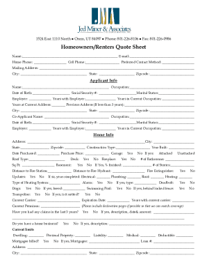 Fillable Online Homeowners/Renters Quote Sheet Fax Email Print - pdfFiller