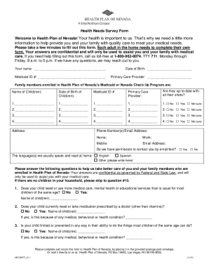 Fillable Online Health Needs Survey Form Welcome to Health Plan of Nevada ... Fax Email Print ...