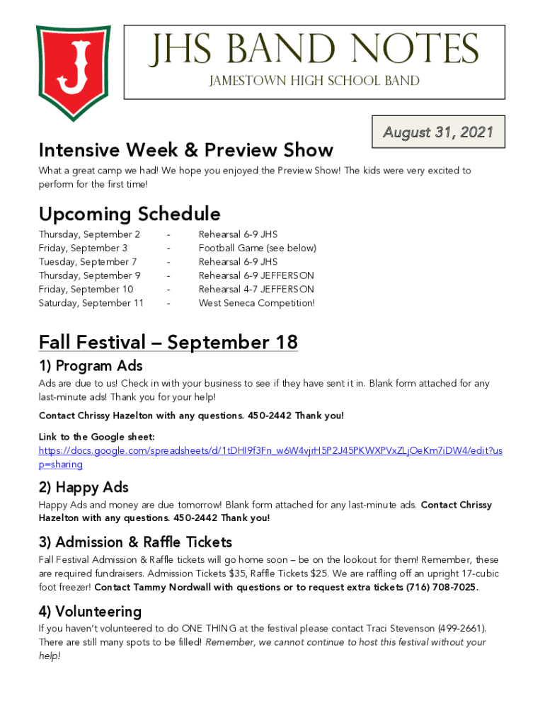 Fillable Online JHS BAND NOTES - Jamestown High School Red Raider ...