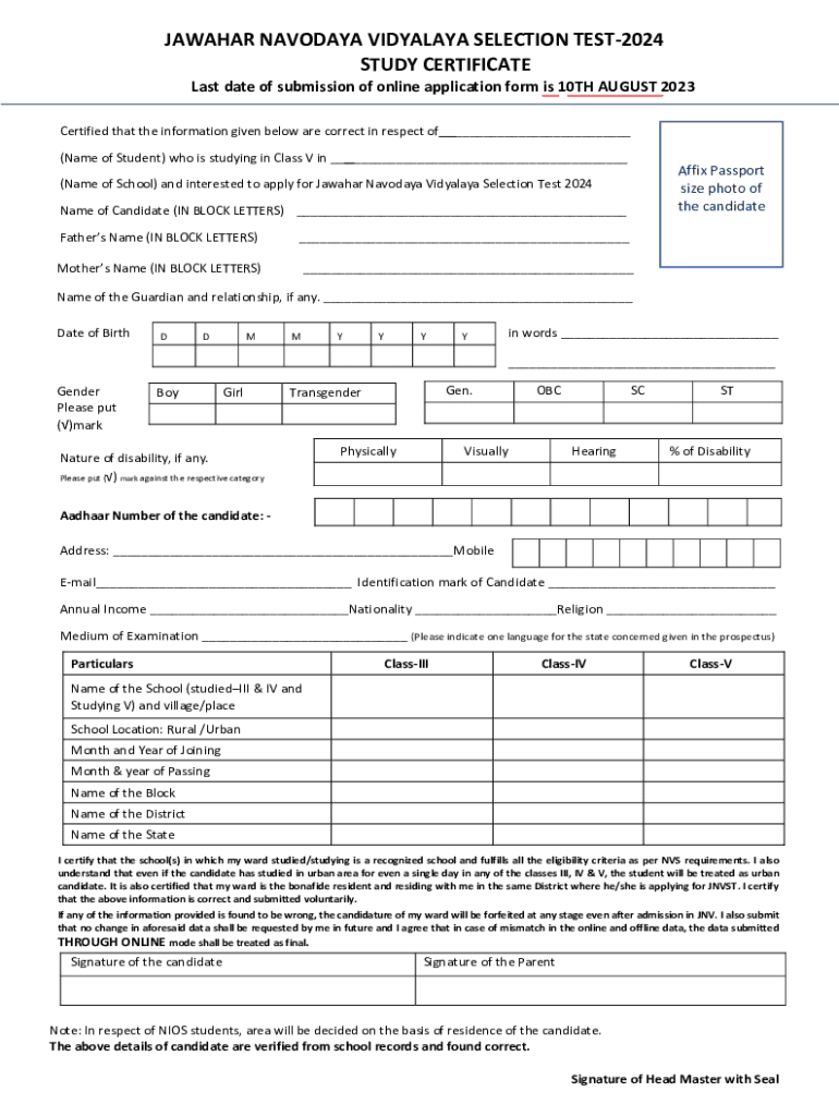 Navodaya Form Pdf - Fill Online, Printable, Fillable, Blank | pdfFiller
