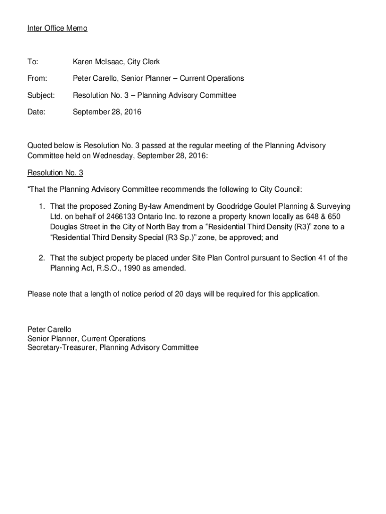 Fillable Online Inter Office Memo To: Karen McIsaac, City Clerk From ...