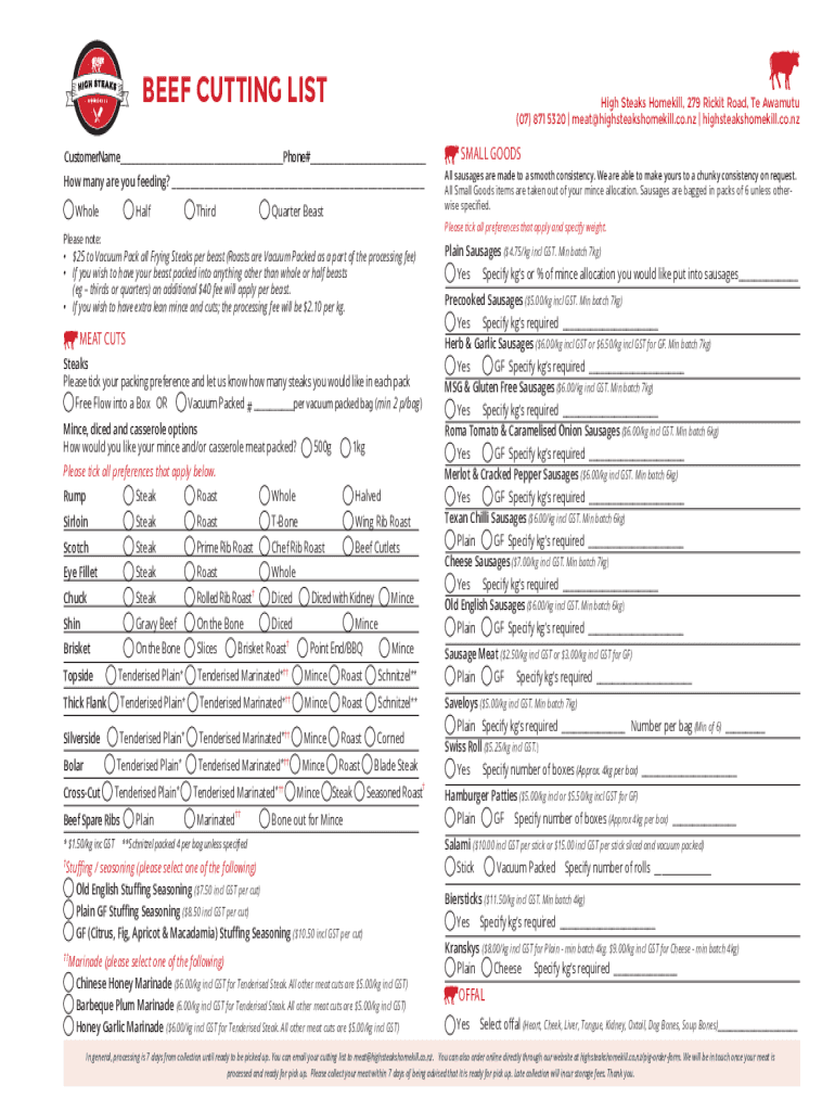 Fillable Online BEEF CUTTING LIST High Steaks Homekill Fax Email Print ...