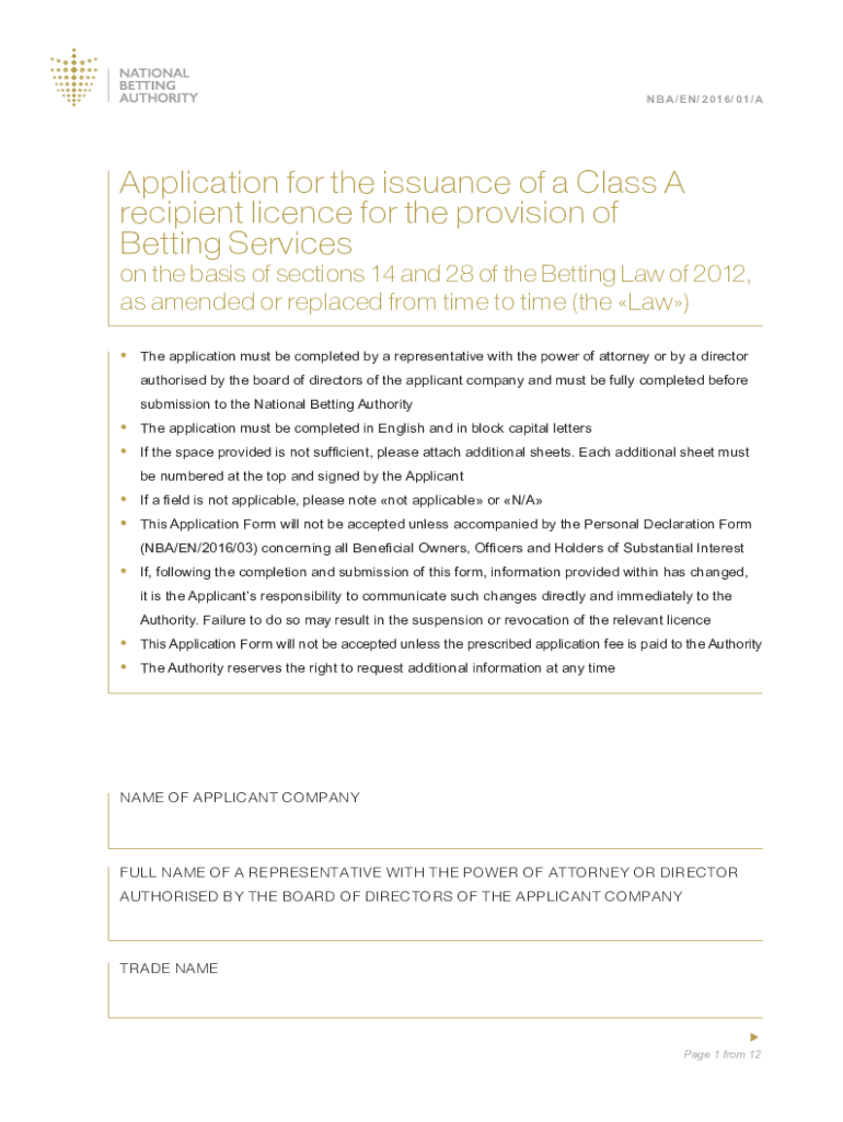 Fillable Online nba gov Application for the issuance of a Class A ...
