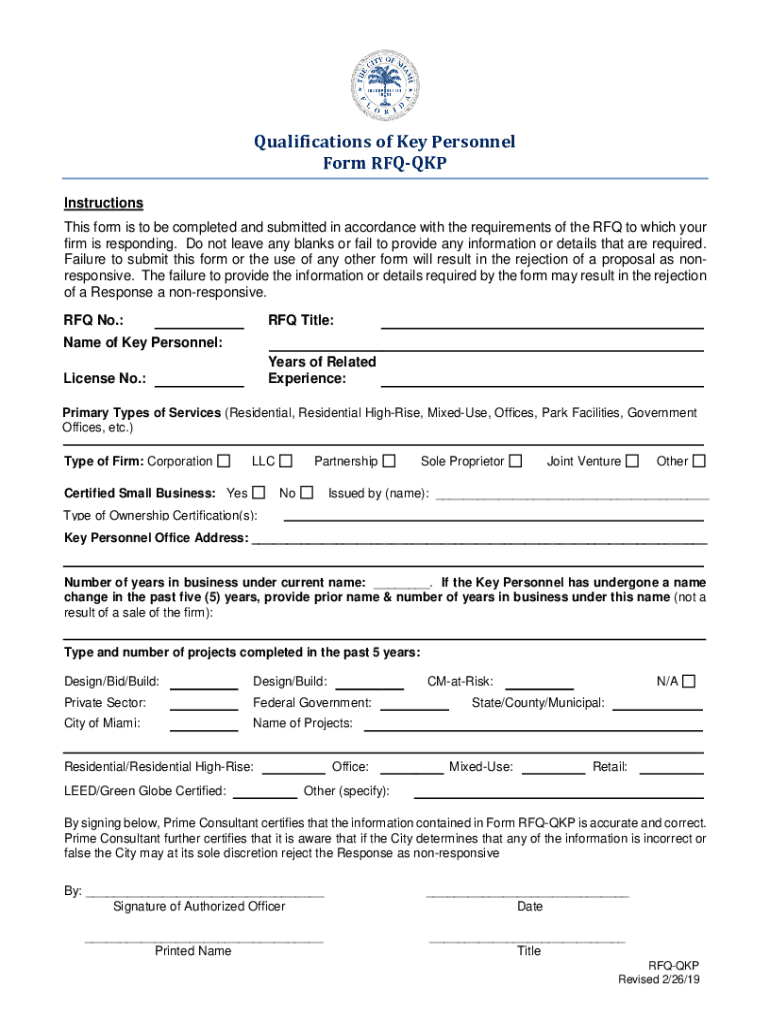 Fillable Online Qualifications of Key Personnel Form RFQ-QKP Fax Email ...
