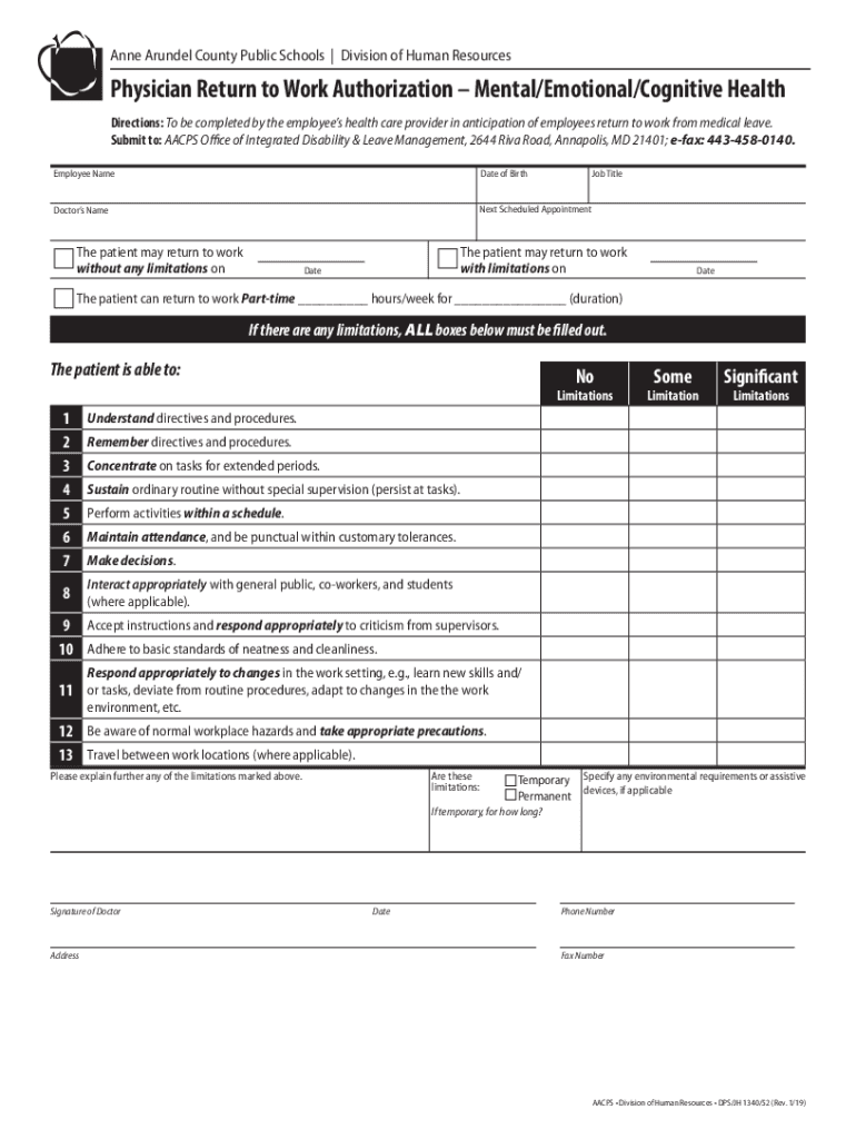 Fillable Online Physician Return to Work Authorization Mental/Emotional ...