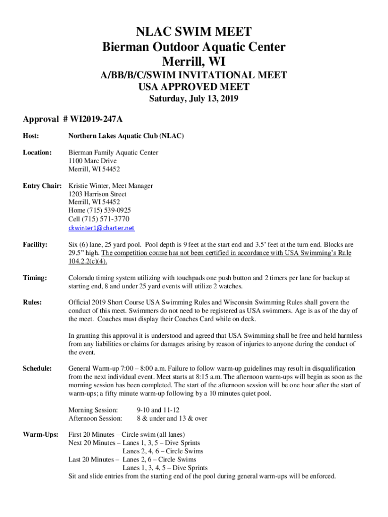 Fillable Online NLAC SWIM MEET At the Bierman Outdoor Aquatic Center ...