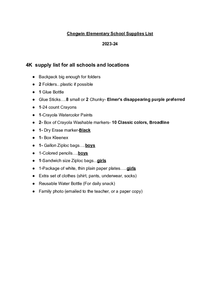 Fillable Online Chegwin Elementary School Supplies List Fax Email Print ...