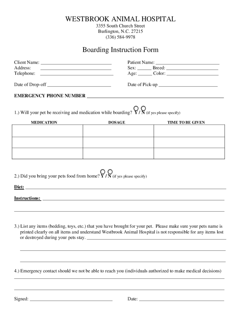 Fillable Online Boarding Instruction FormWestbrook Animal Hospital Fax ...