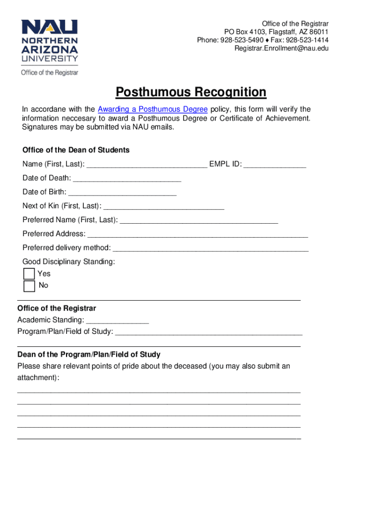 Fillable Online Posthumous Recognition Fax Email Print - pdfFiller