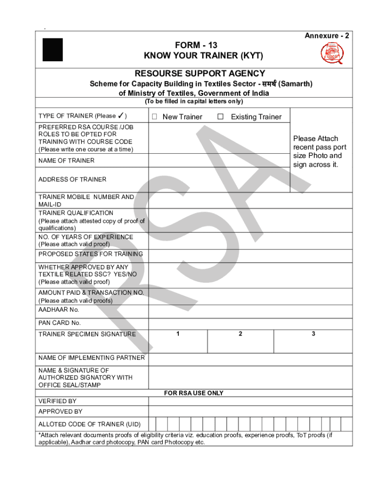 Fillable Online textilescommittee nic FORM - 13 KNOW YOUR TRAINER (KYT ...