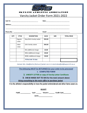 Fillable Online Varsity Jacket Order Form 2021-2022 Fax Email Print ...