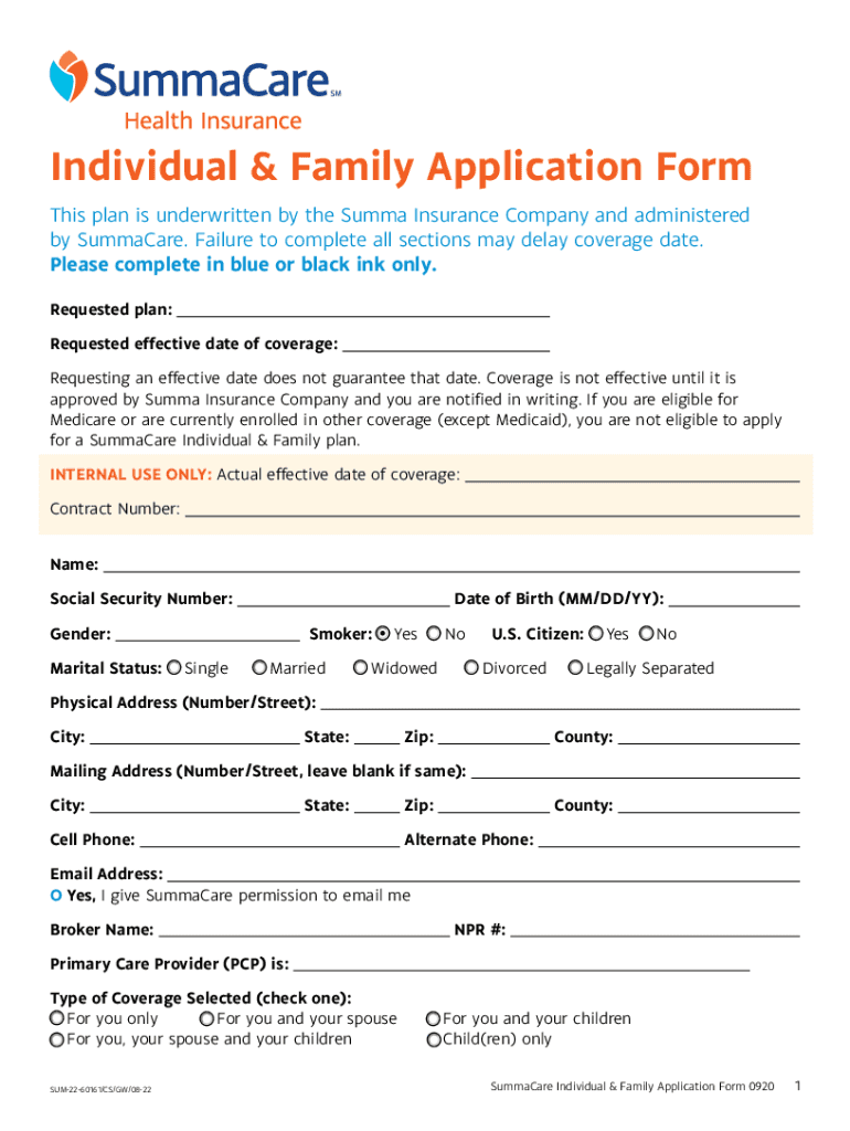 Fillable Online Individual & Family Application Form Fax Email Print ...