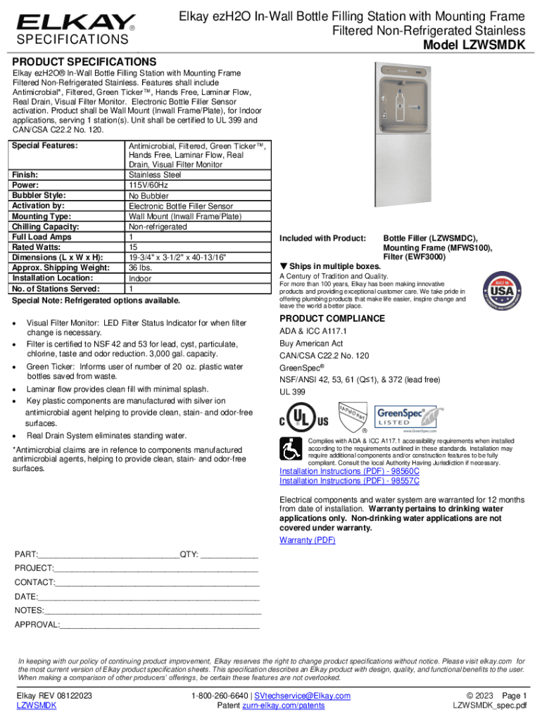 Fillable Online SPECIFICATIONS Elkay ezH2O In-Wall Bottle Filling Station with ... Fax Email ...