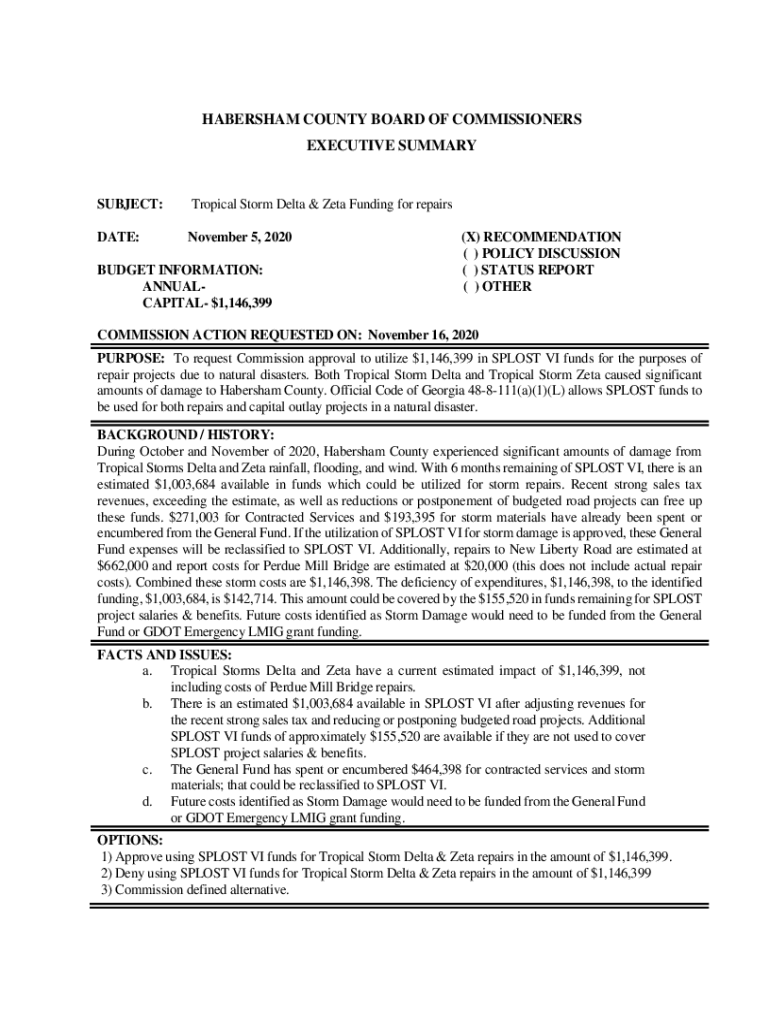 Fillable Online Executive Summary Tropical Storm Damage funding Fax ...