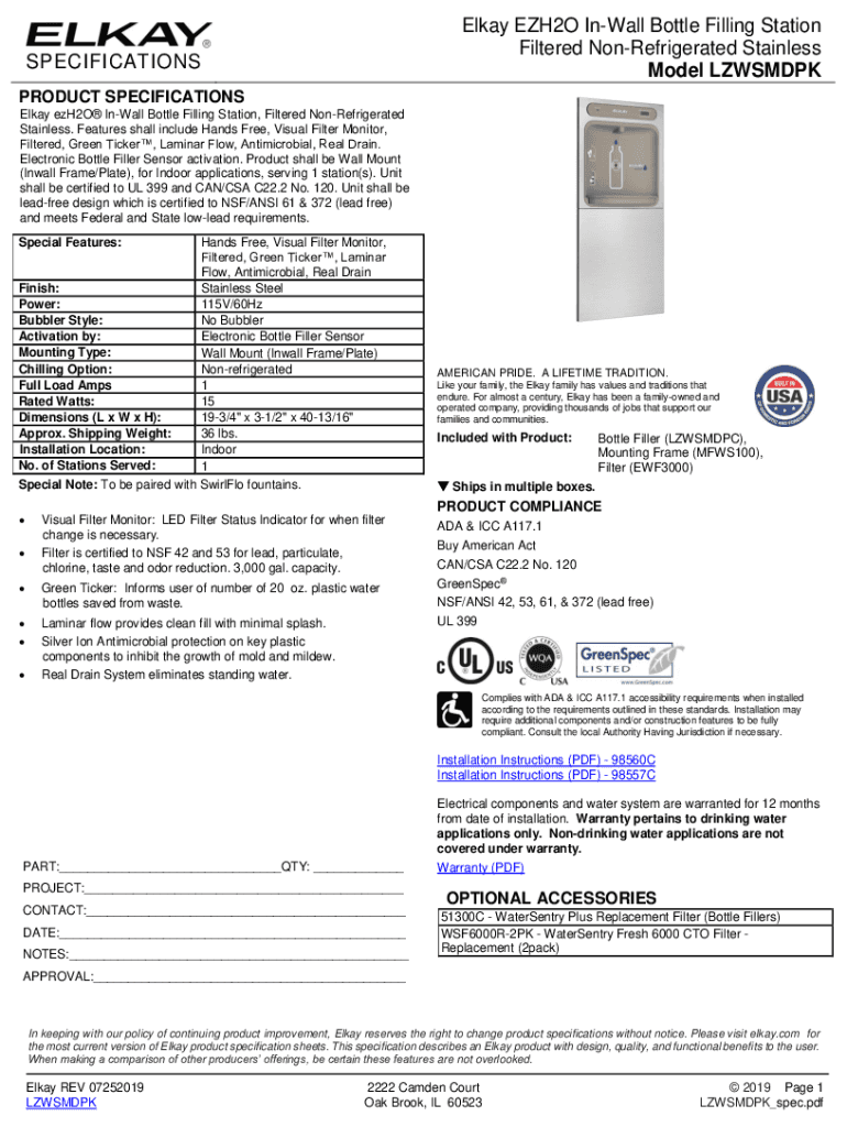 Fillable Online Elkay EZH2O In-Wall Bottle Filling Station Filtered Non- ... Fax Email Print ...