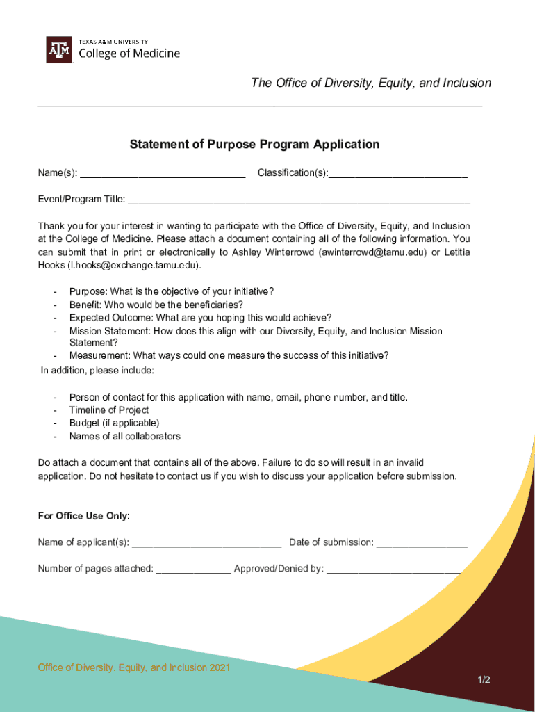 Fillable Online The Office of Diversity, Equity, and Inclusion Statement of ... Fax Email Print ...